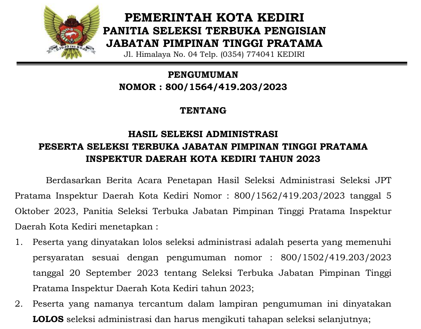 PENGUMUMAN HASIL SELEKSI ADMINISTRASI JPTP INSPEKTUR DAERAH KOTA KEDIRI ...
